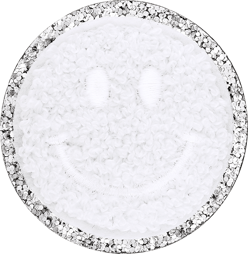 Blanc on Silver Glitter Varsity Smiley Face Patch | Embroidered Patch ...